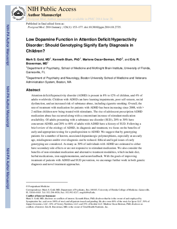 (PDF) Low Dopamine Function in Attention Deficit/Hyperactivity Disorder ...