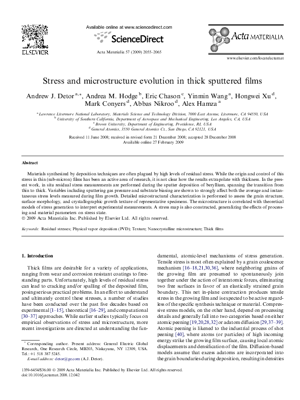 (PDF) Stress and microstructure evolution in thick sputtered films | Andrea HODGE - Academia.edu