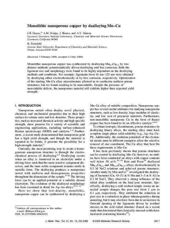 (PDF) Monolithic nanoporous copper by dealloying Mn–Cu