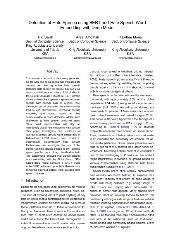 Pdf Detection Of Hate Speech Using Bert And Hate Speech Word