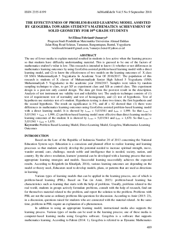 (PDF) THE EFFECTIVENESS OF PROBLEM-BASED LEARNING MODEL ASSISTED BY GEOGEBRA TOWARDS STUDENT’S ...
