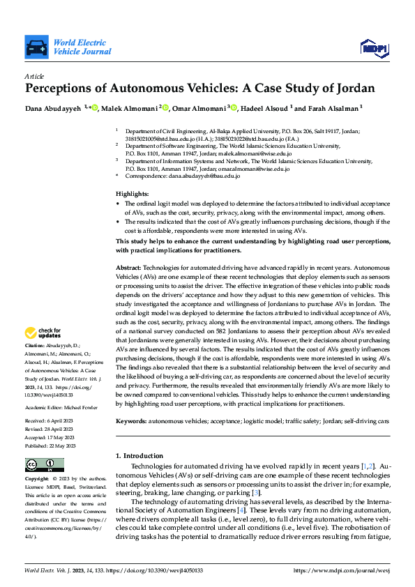 (PDF) Perceptions of Autonomous Vehicles: A Case Study of Jordan