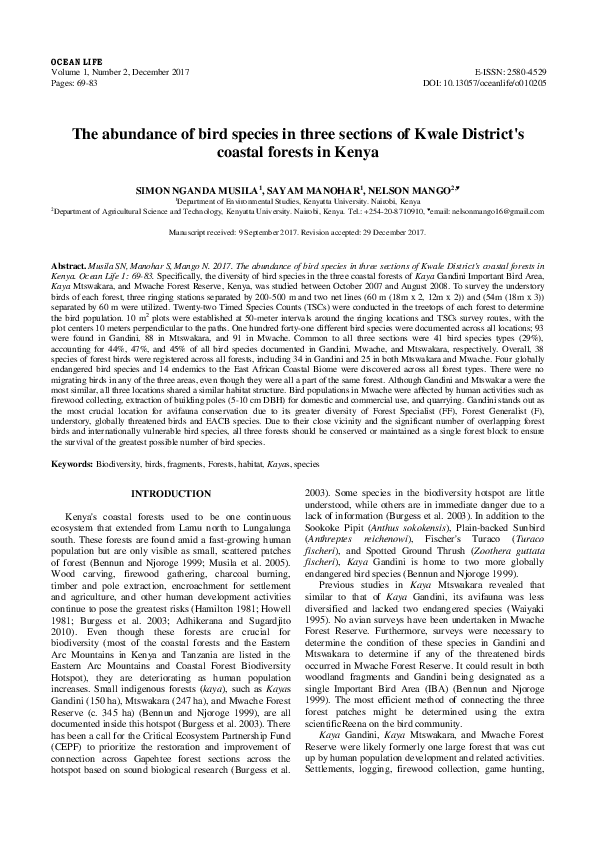 (PDF) The abundance of bird species in three sections of Kwale District ...