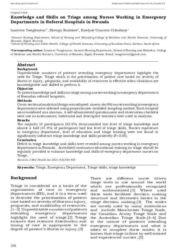 (PDF) Knowledge and Skills on Triage among Nurses Working in Emergency ...