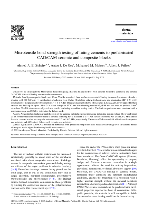 (PDF) Microtensile bond strength testing of luting cements to ...