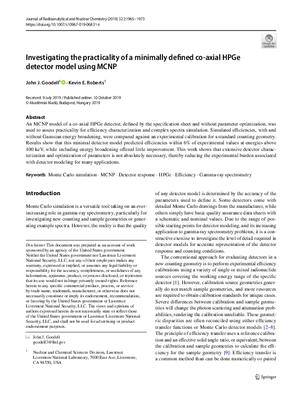 (PDF) MCNP HPGe detector benchmark with previously validated Cyltran model