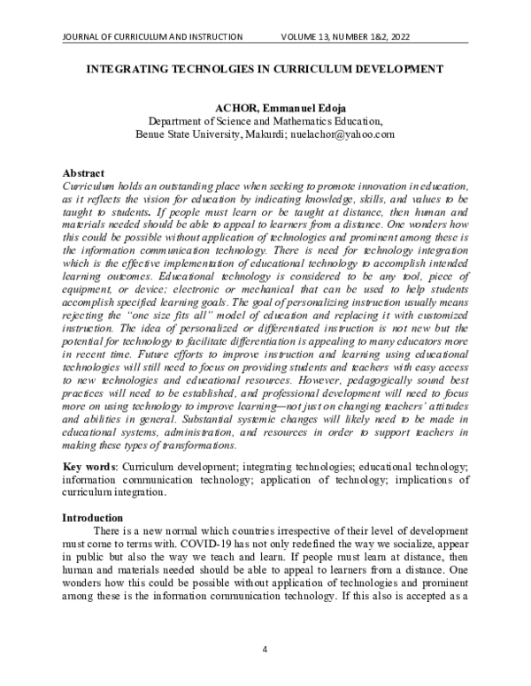 (PDF) INTEGRATING TECHNOLGIES IN CURRICULUM DEVELOPMENT