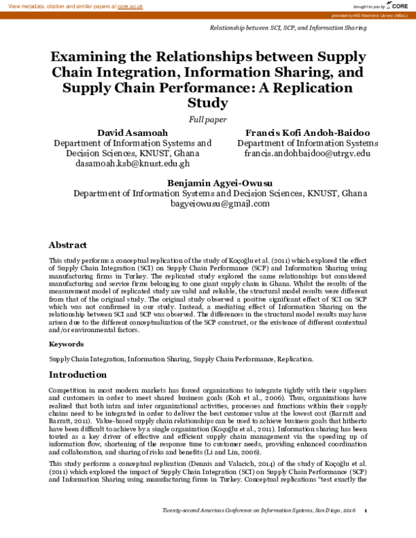 (PDF) Examining the Relationships between Supply Chain Integration, Information Sharing, and ...