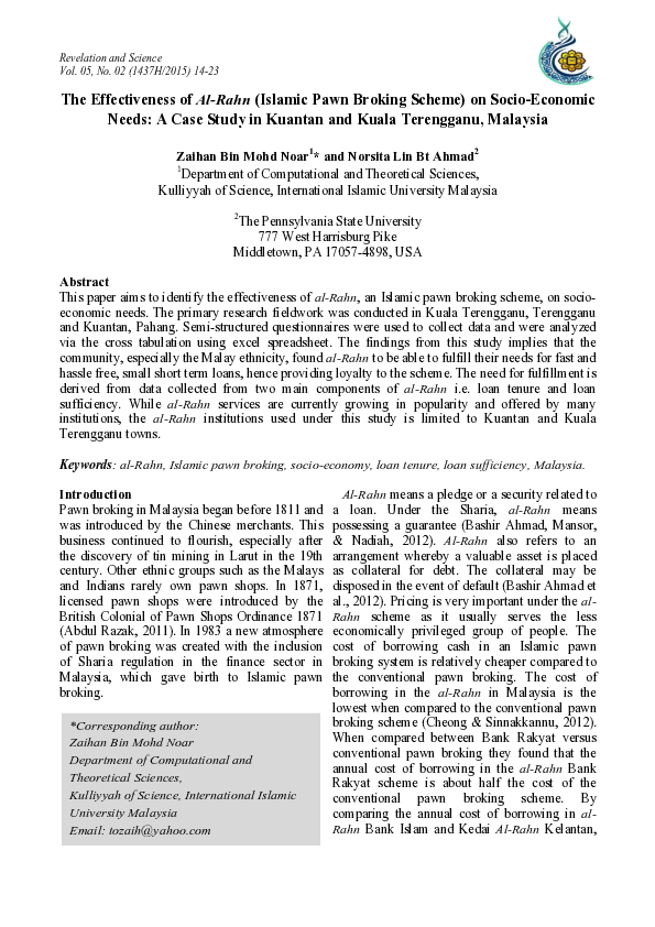 (PDF) The Effectiveness of Al-Rahn (Islamic Pawn Broking Scheme) on ...