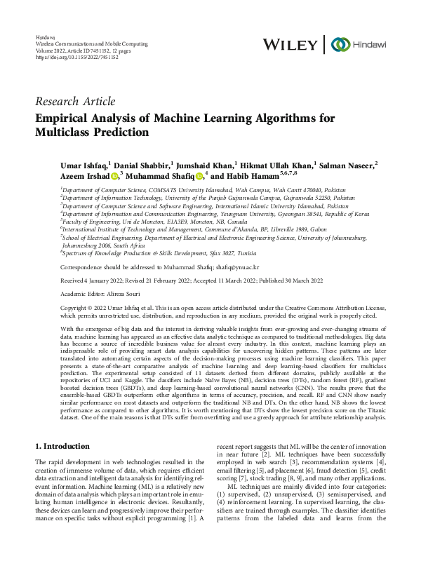 (PDF) Empirical Analysis of Machine Learning Algorithms for Multiclass Prediction | Danial ...