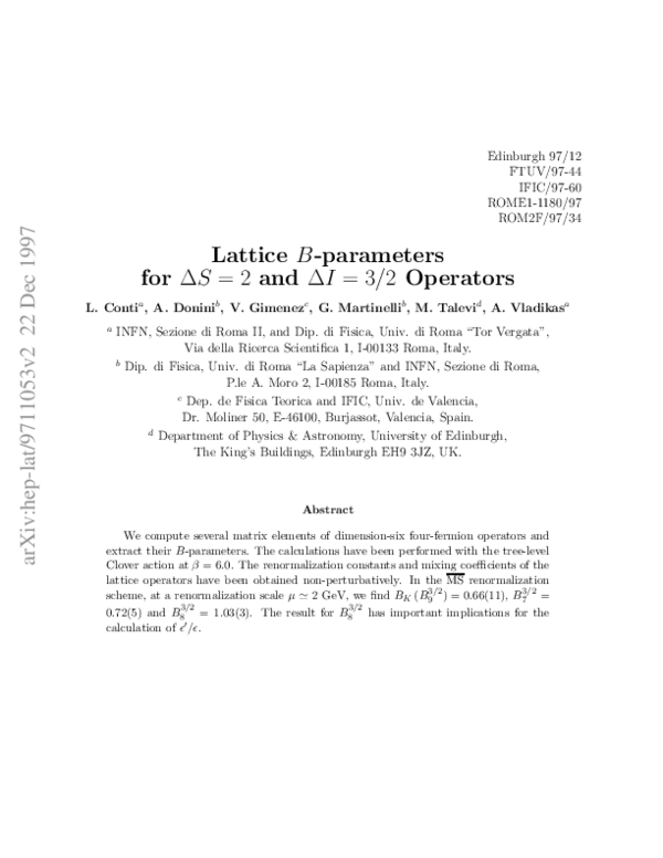 (PDF) Lattice B-parameters for [Delta] S= 2 and [Delta] I= 3/2 operators