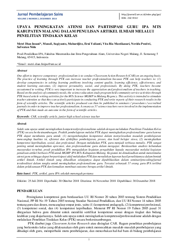 (PDF) Upaya Peningkatan Atensi Dan Partisipasi Guru Ipa MTS Kabupaten Malang Dalam Penulisan ...
