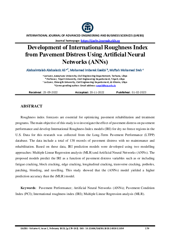(PDF) Development of International Roughness Index from Pavement Distress Using Artificial ...