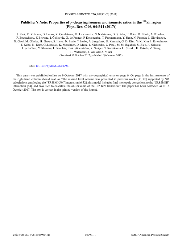 (PDF) Publisher's Note: Properties of γ -decaying isomers and isomeric ratios in the Sn100 ...