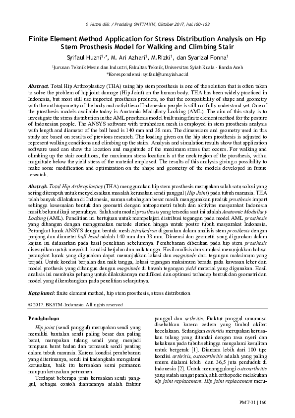 Pdf Finite Element Method Application For Stress Distribution Analysis On Hip Stem Prosthesis