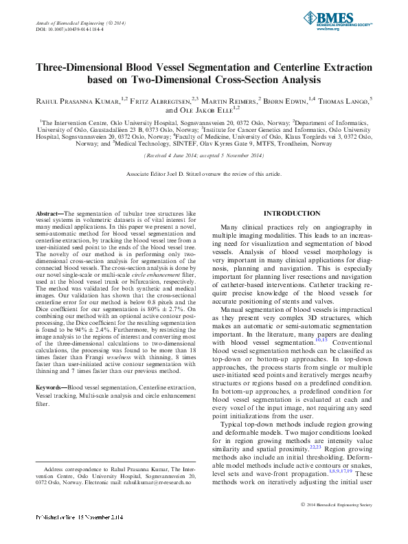 (PDF) Three-Dimensional Blood Vessel Segmentation and Centerline Extraction based on Two ...