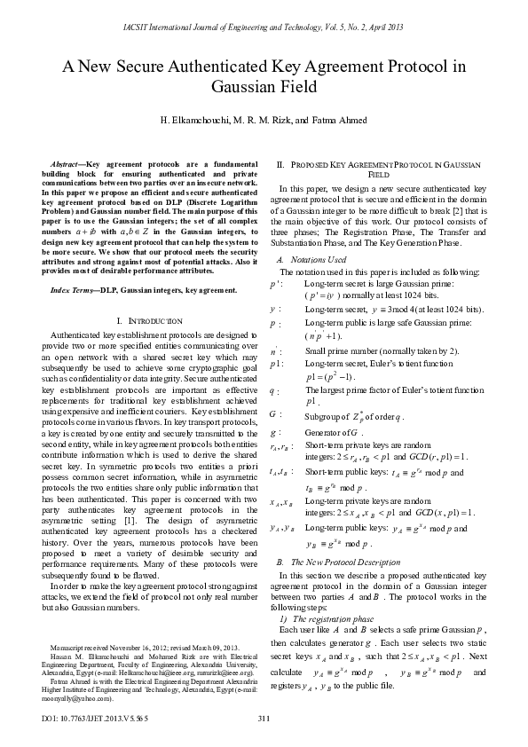 (PDF) A New Secure Authenticated Key Agreement Protocol in Gaussian Field