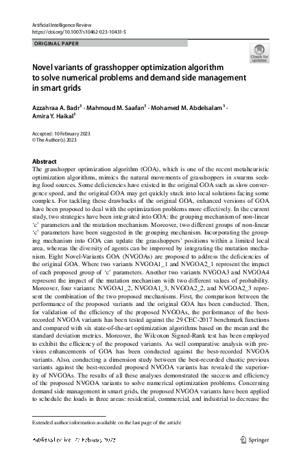 (PDF) Novel variants of grasshopper optimization algorithm to solve numerical problems and ...
