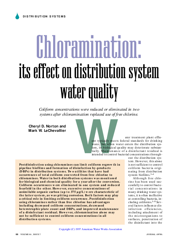 (PDF) Chloramination: its effect on distribution system water quality