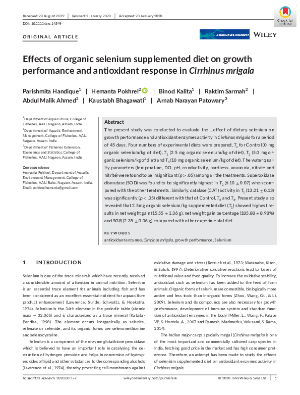 (PDF) Effects of organic selenium supplemented diet on growth performance and antioxidant ...