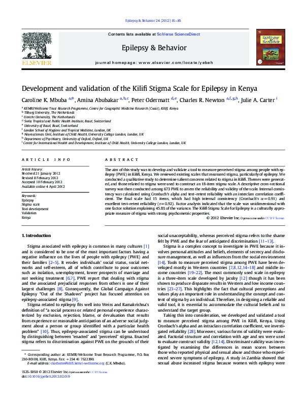 (PDF) Development and validation of the Kilifi Stigma Scale for Epilepsy in Kenya