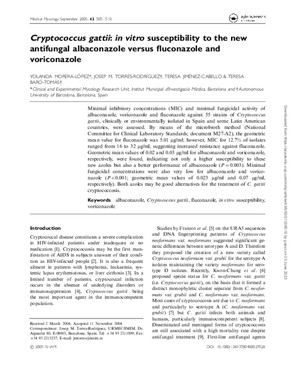 (PDF) Cryptococcus gattii:in vitrosusceptibility to the new antifungal albaconazole versus ...