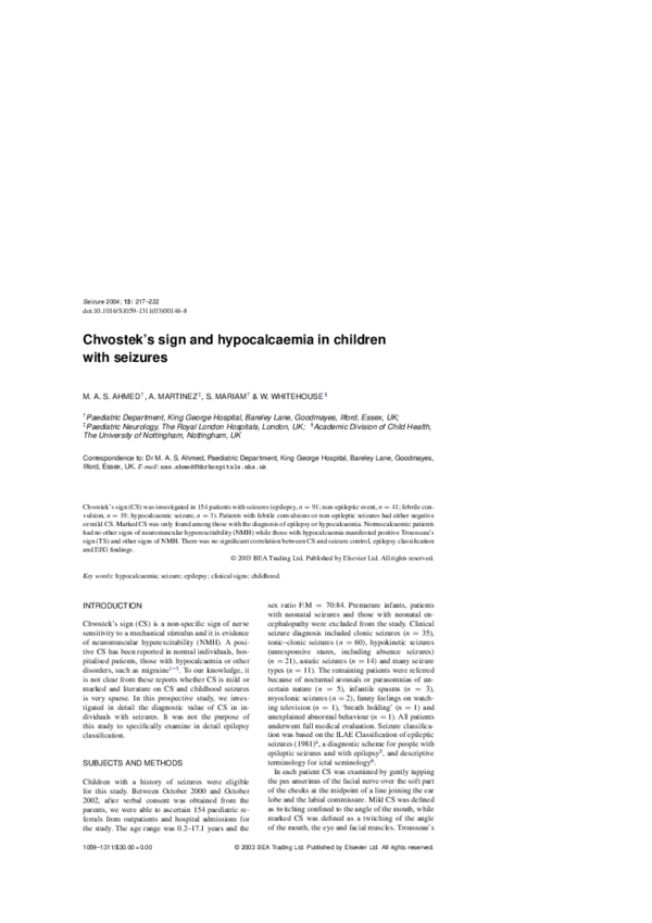 (PDF) Chvostek’s sign and hypocalcaemia in children with seizures ...