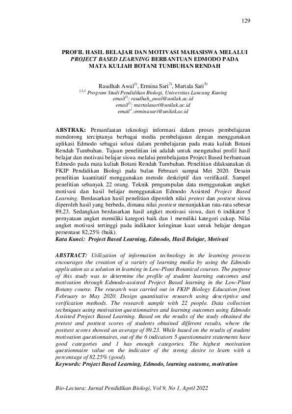 (PDF) Profil Hasil Belajar Dan Motivasi Mahasiswa Melalui Project Based Learning Berbantuan ...