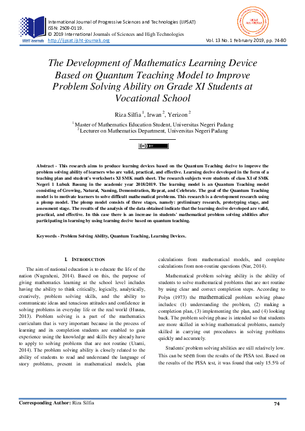 (PDF) The Development of Mathematics Learning Device Based on Quantum Teaching Model to Improve ...