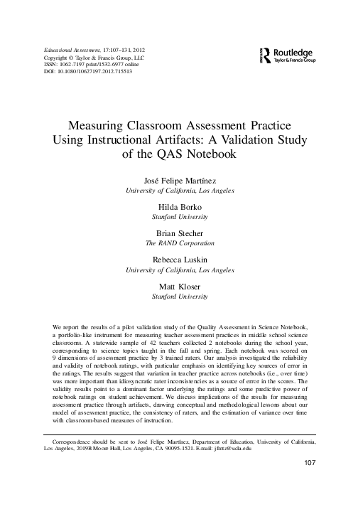 (PDF) Measuring Classroom Assessment Practice Using Instructional Artifacts: A Validation Study ...