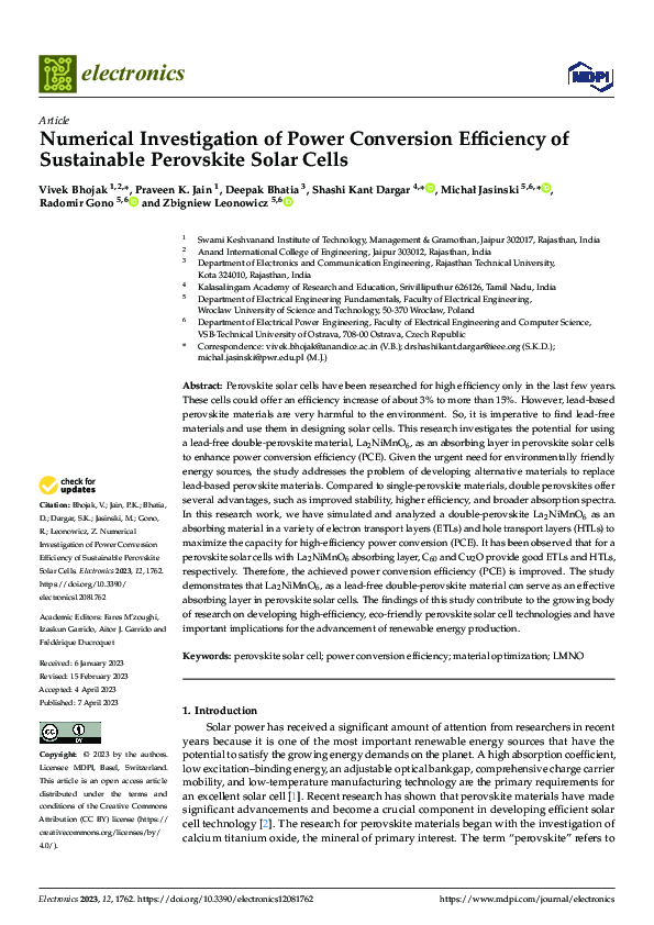 (PDF) Numerical Investigation of Power Conversion Efficiency of Sustainable Perovskite Solar Cells