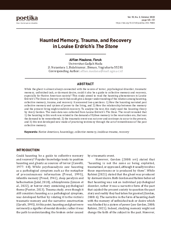 (PDF) Haunted Memory, Trauma, and Recovery in Louise Erdrich’s The Stone