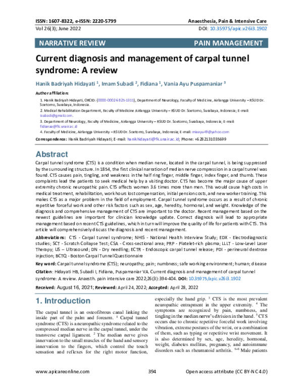 (PDF) Current diagnosis and management of carpal tunnel syndrome: A review
