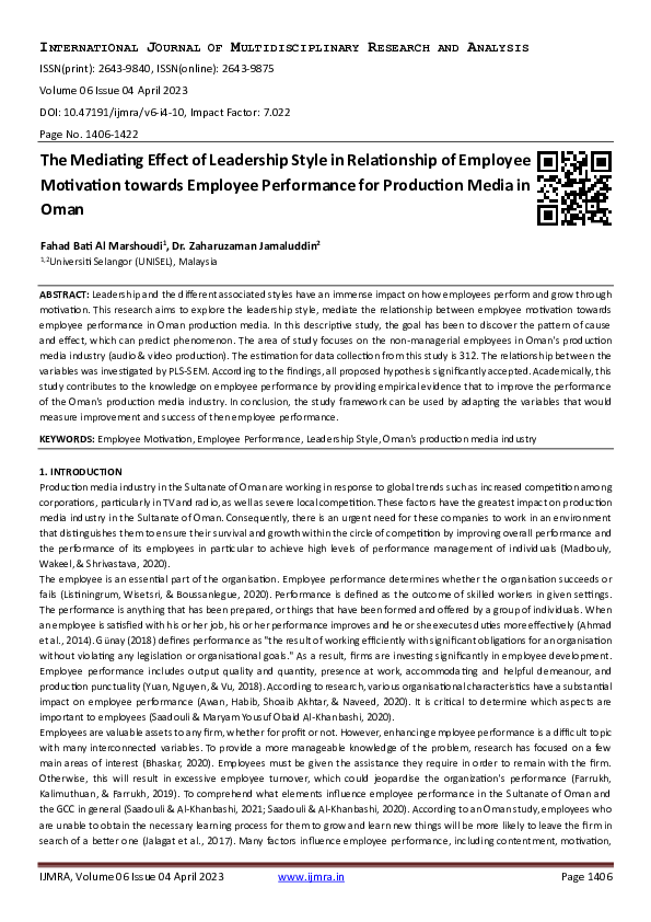 (PDF) The Mediating Effect of Leadership Style in Relationship of Employee Motivation towards ...