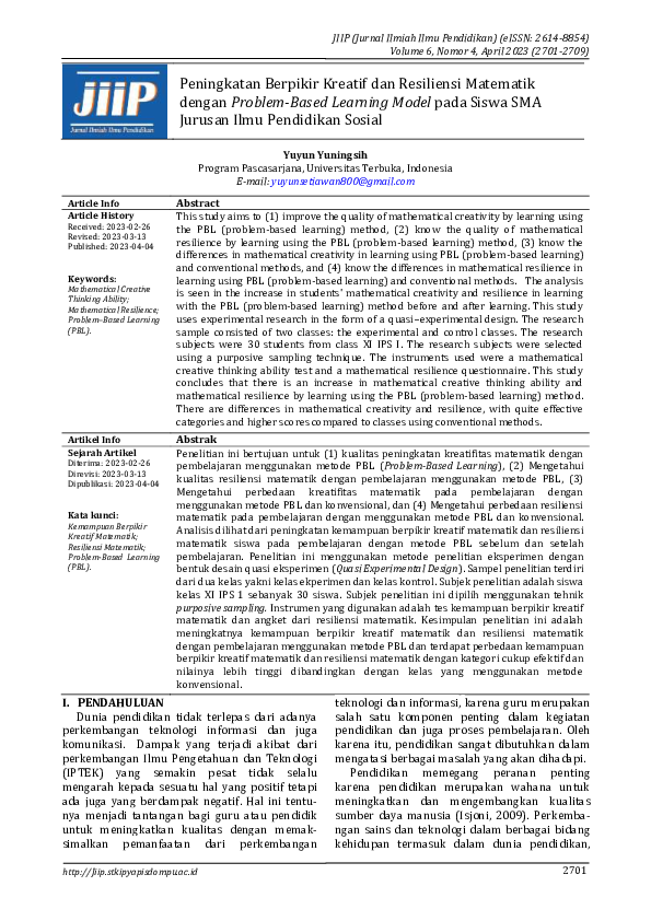 (PDF) Peningkatan Berpikir Kreatif dan Resiliensi Matematik dengan Problem-Based Learning Model ...