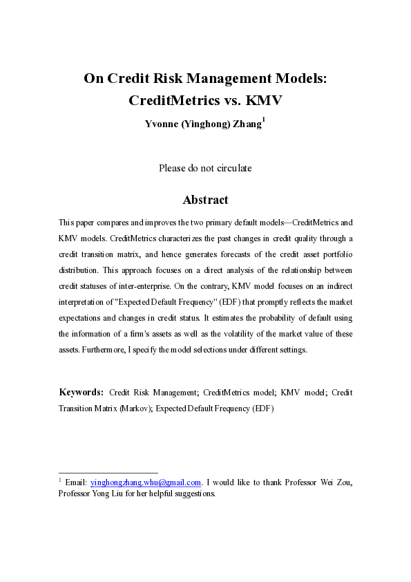 (PDF) On Credit Risk Management Models : CreditMetrics vs . KMV