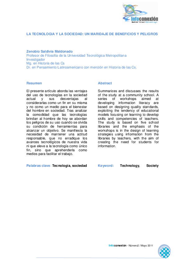 (PDF) La Tecnología y la Sociedad: un maridaje de beneficios y peligros