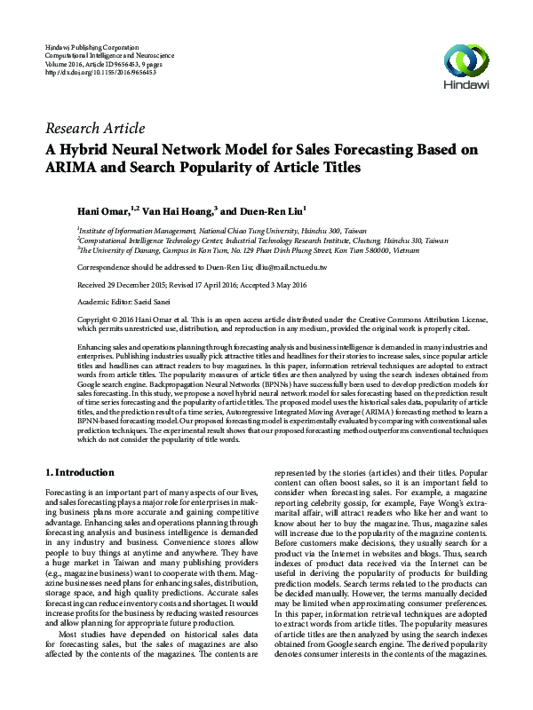 Pdf A Hybrid Neural Network Model For Sales Forecasting Based On Arima And Search Popularity