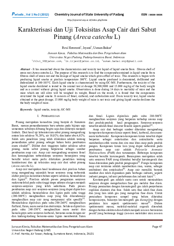 (PDF) Karakterisasi dan Uji Toksisitas Asap Cair dari Sabut Pinang ...