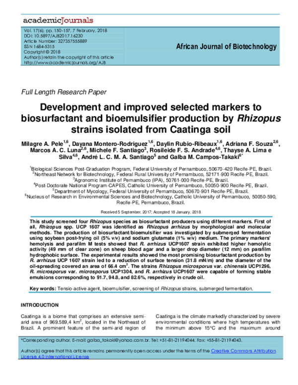 (PDF) Development and improved selected markers to biosurfactant and ...