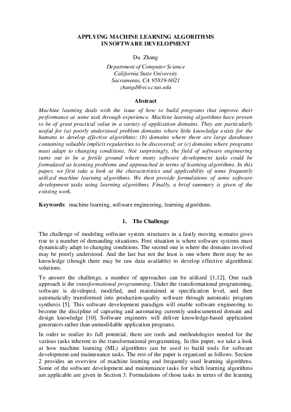 (PDF) Applying machine learning algorithms in software development