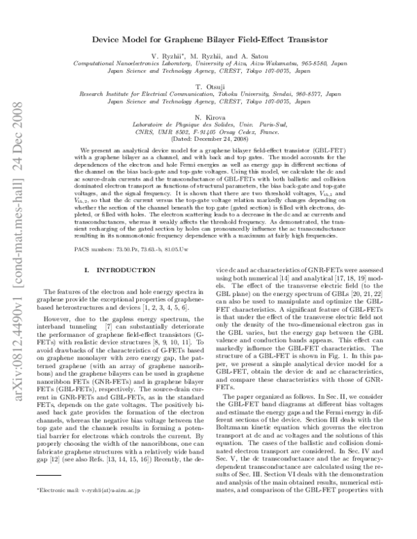 Pdf Device Model For Graphene Bilayer Field Effect Transistor