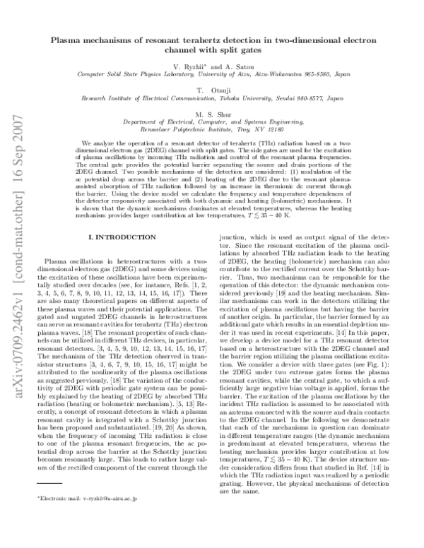 (PDF) Plasma mechanisms of resonant terahertz detection in a two-dimensional electron channel ...