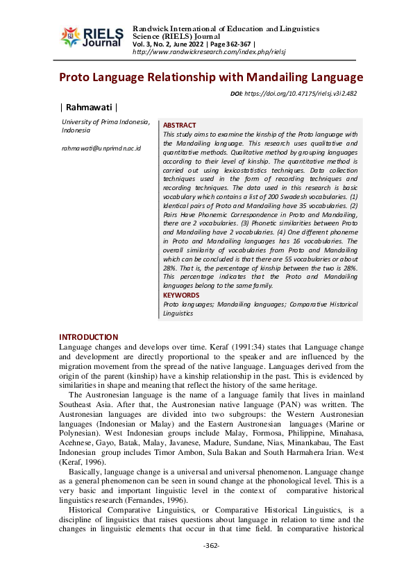 (PDF) Proto Language Relationship with Mandailing Language