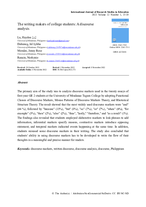 (PDF) The writing markers of college students: A discourse analysis