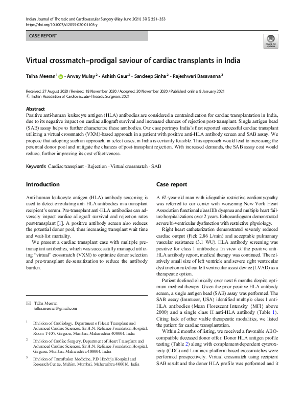 (PDF) Virtual crossmatch–prodigal saviour of cardiac transplants in India