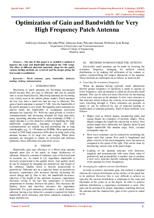 (PDF) Optimization of Gain and Bandwidth for Very High Frequency Patch Antenna