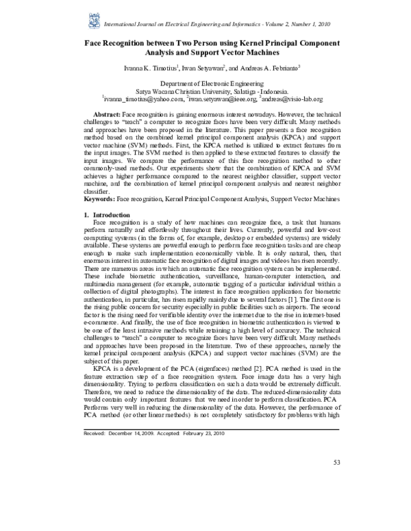 (PDF) Face Recognition between Two Person using Kernel Principal Component Analysis and Support ...