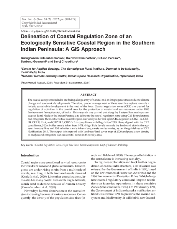 (PDF) Delineation of Coastal Regulation Zone of an Ecologically ...
