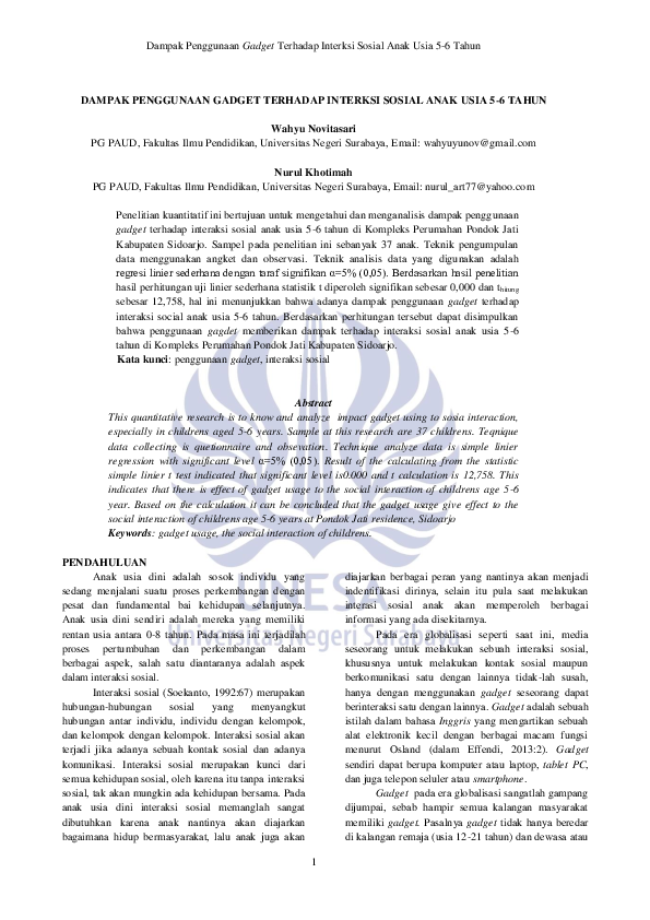 (PDF) Dampak Penggunaan Gadget Terhadap Interksi Sosial Anak Usia 5-6 Tahun